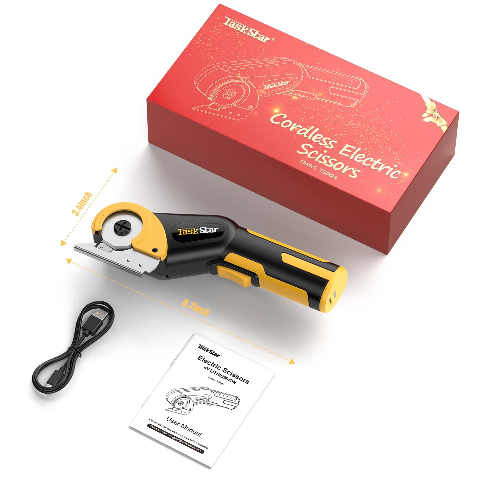 TaskStar Cordless Electric Scissors,4V Electric Box Cutter w/Safety Lock,Storage Bag,&USB Cable,2000 mAh Rotary Cutter for Crafts, Sewing, Cardboard, Carpet, & Scrapbooking