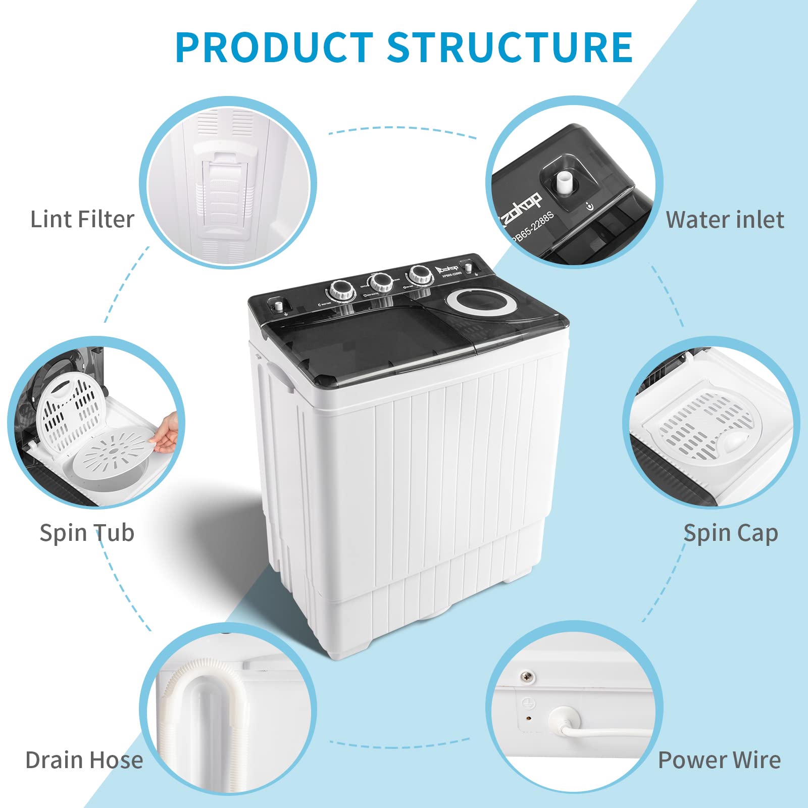 IMSEIGO Twin Tube Mini Washing Machine, Portable Laundry Washer with 26LBS Capacity, 18Lbs Washer and 8Lbs Spiner Built-in Drain Pump/Semi-Automatic for Apartments, RVs and Dorms (White & Black)