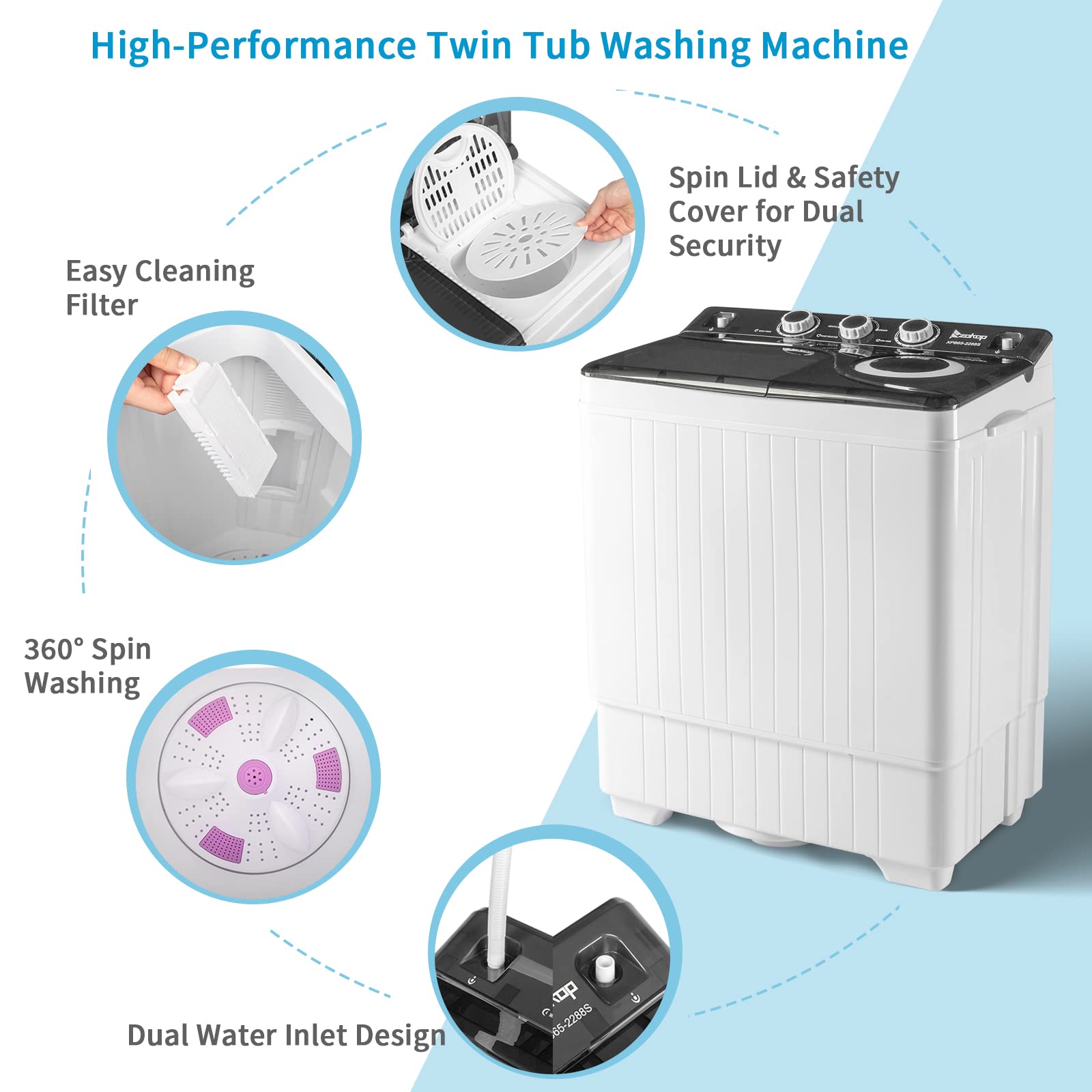 IMSEIGO Twin Tube Mini Washing Machine, Portable Laundry Washer with 26LBS Capacity, 18Lbs Washer and 8Lbs Spiner Built-in Drain Pump/Semi-Automatic for Apartments, RVs and Dorms (White & Black)