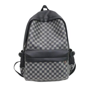 mininai checkered aesthetic backpack for women men vintage pu leather cool y2k laptop backpack plaid alt emo casual daypack (one size,black)