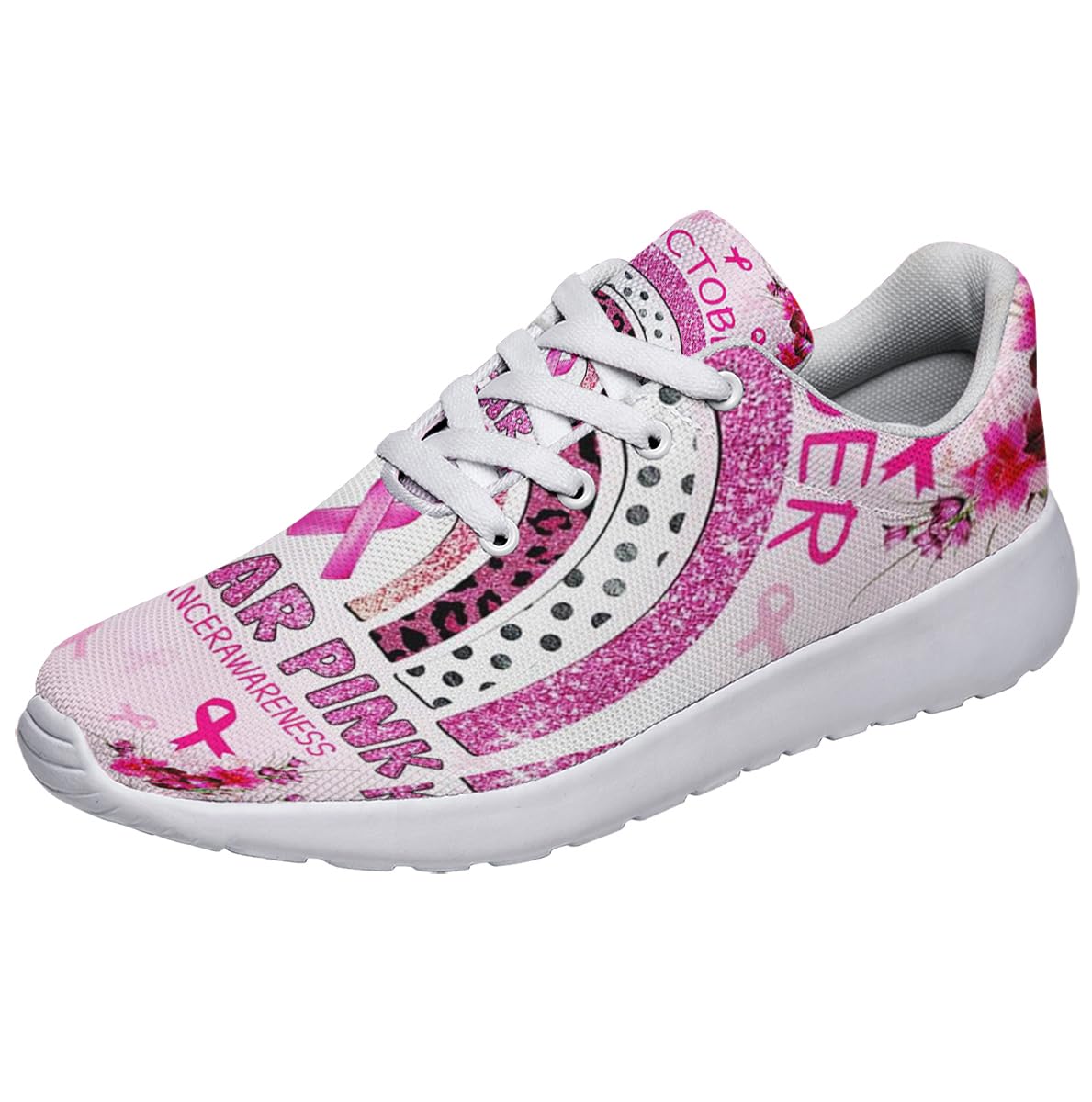 in October We Wear Pink Breast Cancer Awareness Shoes Women Fashion Running Sneakers Breathable Casual Sport Tennis Shoes White Size 8.5