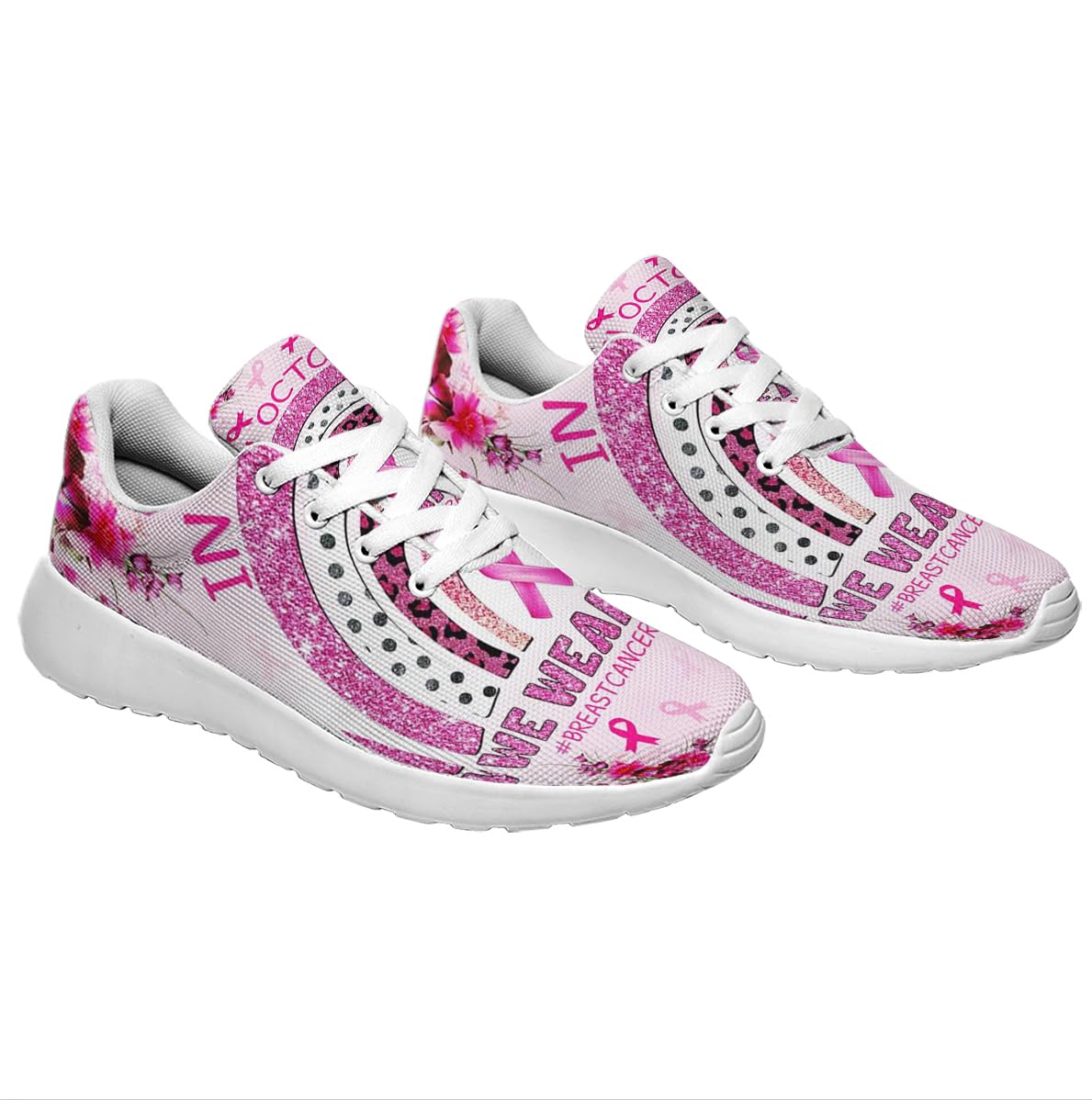 in October We Wear Pink Breast Cancer Awareness Shoes Women Fashion Running Sneakers Breathable Casual Sport Tennis Shoes White Size 8.5