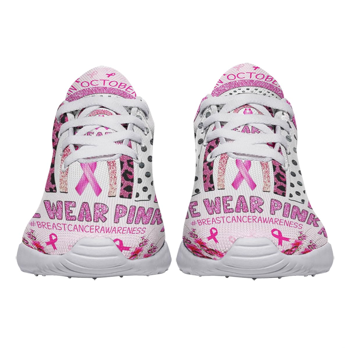 in October We Wear Pink Breast Cancer Awareness Shoes Women Fashion Running Sneakers Breathable Casual Sport Tennis Shoes White Size 8.5