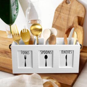 MINCORD Wood Flatware Organizer, Rustic Utensil & Silverware Holder for Forks, Spoons, Knives, Farmhouse Kitchen Cutlery Caddy Bin Countertop - White