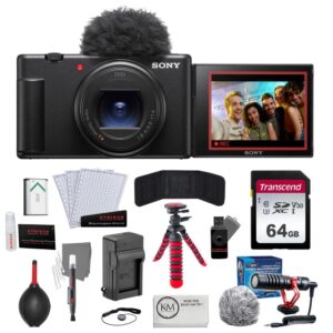 sony zv-1 ii digital camera | black bundled with np-bx1 battery + 12" tripod + battery charger + 64gb memory card + cleaning cloth + micro microphone + photo starter kit (11 pieces) (8 items)