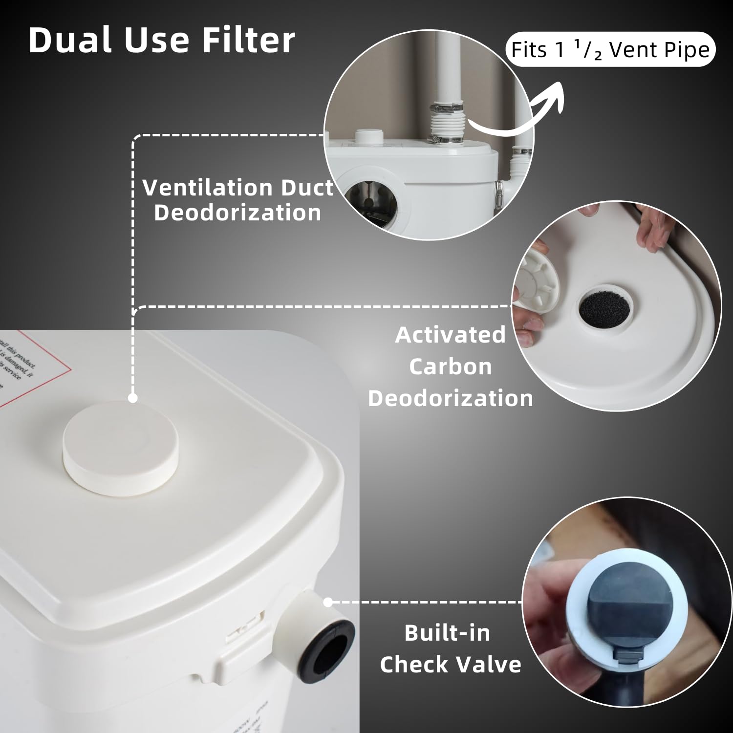 750W Macerating Toilet System with 4-Inlet, Durable Pump, Extension Pipe - Easy Install, Space Saving