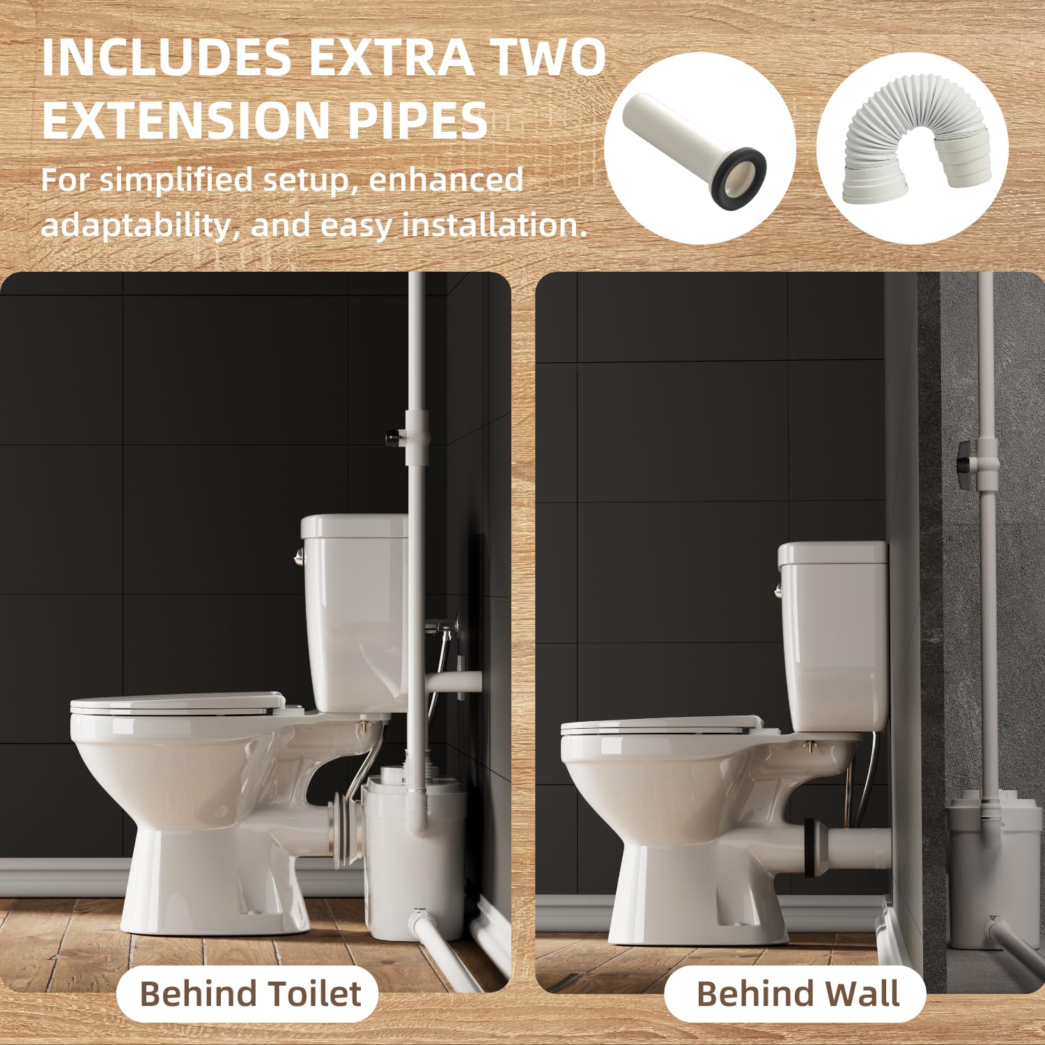 750W Macerating Toilet System with 4-Inlet, Durable Pump, Extension Pipe - Easy Install, Space Saving