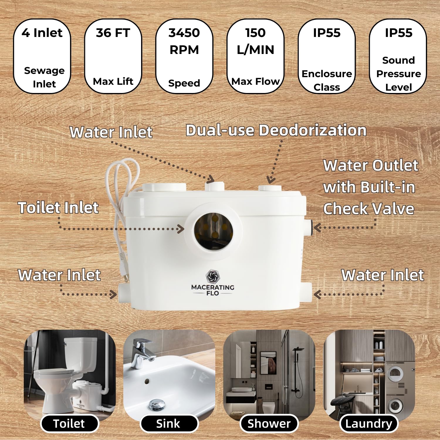 750W Macerating Toilet System with 4-Inlet, Durable Pump, Extension Pipe - Easy Install, Space Saving