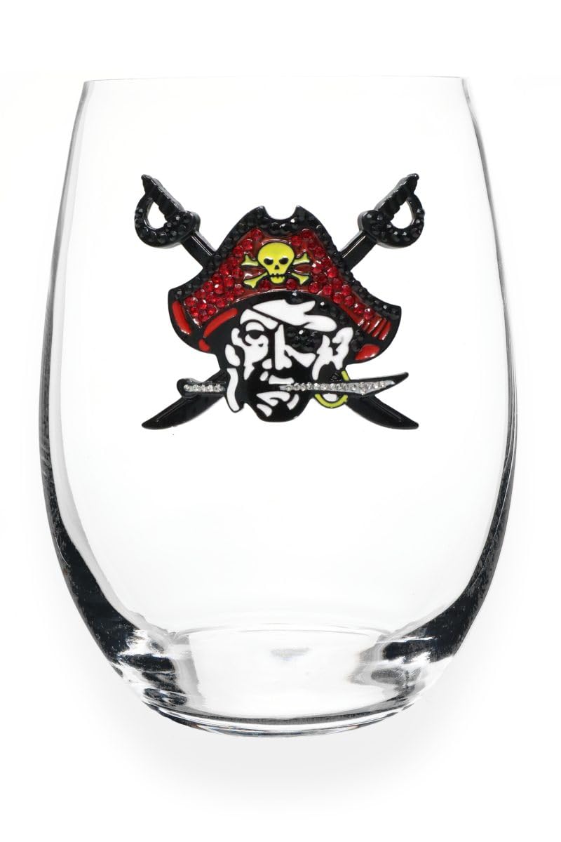 THE QUEENS' JEWELS Pirate Jeweled Stemless Wine Glass, 21 oz. - Unique Gift for Women, Birthday, Cute, Fun, Not Painted, Decorated, Bling, Bedazzled, Rhinestone