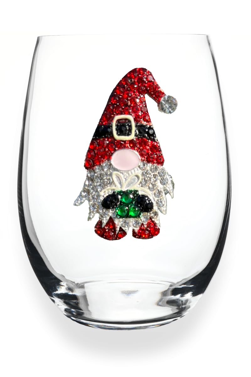 THE QUEENS' JEWELS Gnome Jeweled Stemless Wine Glass, 21 oz. - Unique Gift for Women, Birthday, Cute, Fun, Not Painted, Decorated, Bling, Bedazzled, Rhinestone