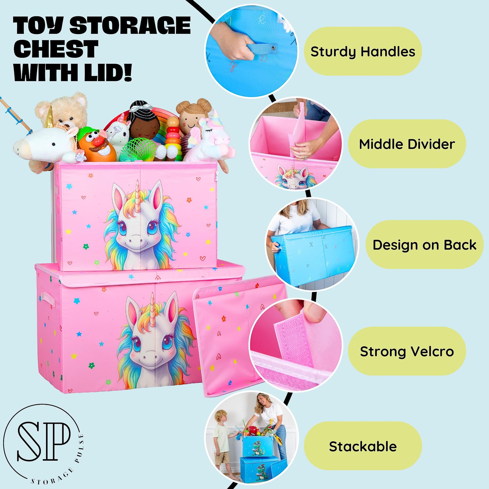 2 pcs of Collapsible/Stackable Toy Storage Organizer, Bins, Large Toy Boxes for Kids, Girls’ Room, Nursery, Playroom with Lids and Handles (Unicorn, Pink)