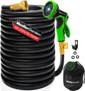 janska by mueller expandable garden hose 50 ft. flexible & lightweight garden hose that extends and retracts, kink and tangle resistant, with 9 function spray nozzle