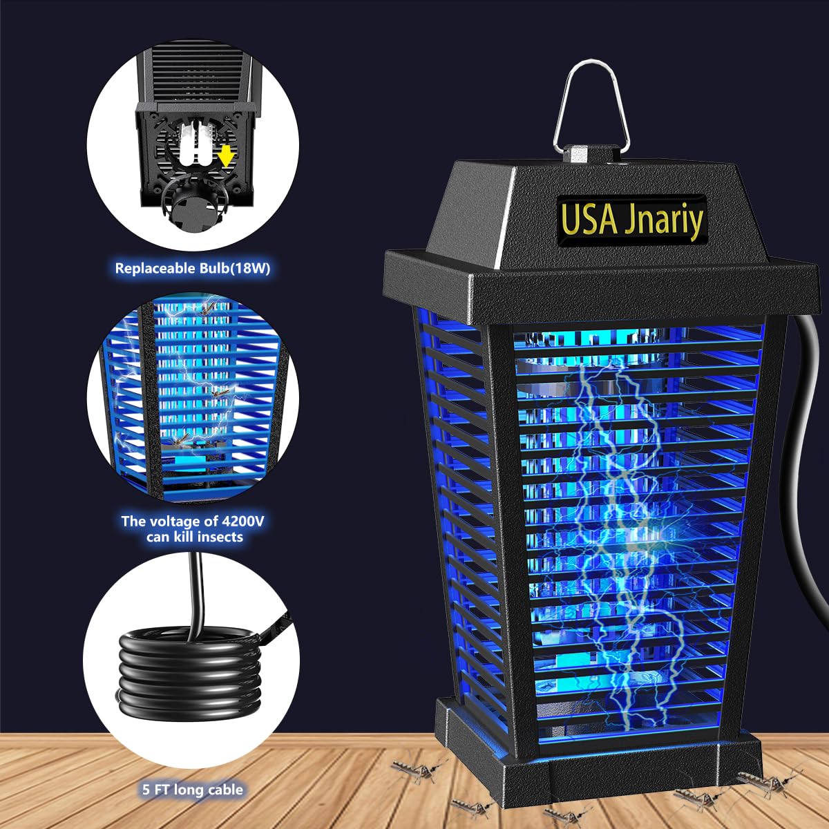 USA Jnariy Bug Zapper Outdoor Indoor, 4200V High Power Electric Mosquito Zapper, Fly Zappers, Mosquito Killer,3 Prong Plug, 5ft Power Cord Fly Insect Killer Trap Lantern