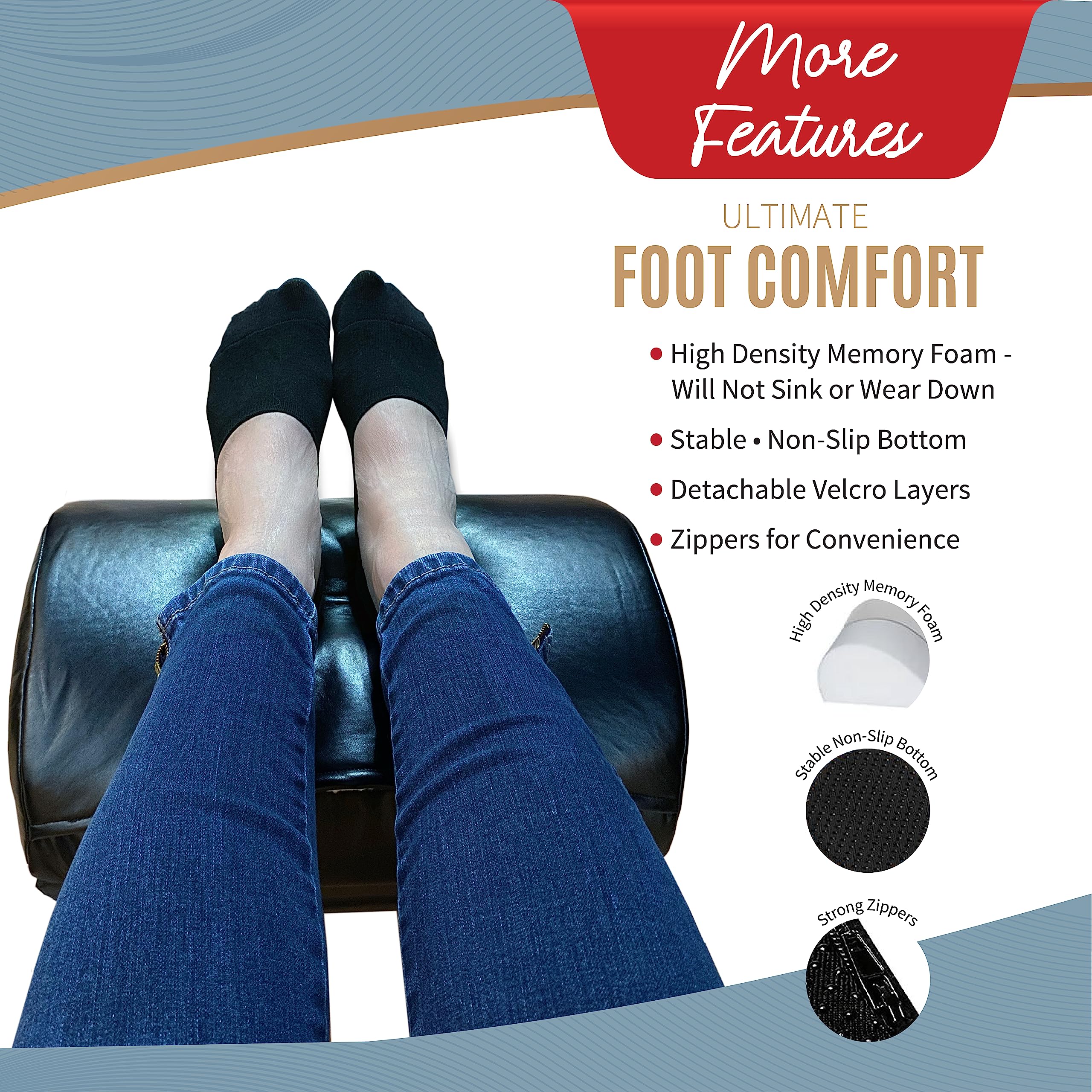 Under the Desk Foot Rest for Office, Work, Gaming, Car - Premium Memory Foam w PU Leather, Leg Pillow for Hip-Back Pain Relief - Adjustable Footrest, Ottoman Foot Stool w Cozy Foot Pocket. Easy CLEAN!