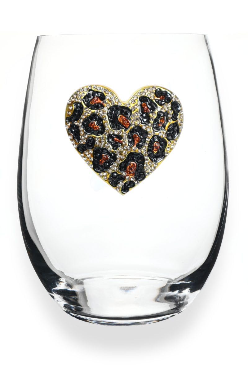 THE QUEENS' JEWELS Leopard Heart Jeweled Stemless Wine Glass, 21 oz. - Unique Gift for Women, Birthday, Cute, Fun, Not Painted, Decorated, Bling, Bedazzled, Rhinestone