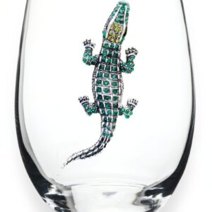 THE QUEENS' JEWELS Alligator Jeweled Stemless Wine Glass, 21 oz. - Unique Gift for Women, Birthday, Cute, Fun, Not Painted, Decorated, Bling, Bedazzled, Rhinestone