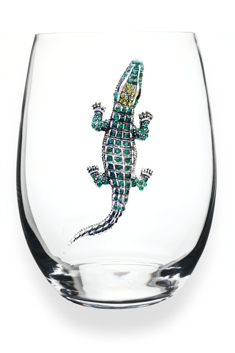 THE QUEENS' JEWELS Alligator Jeweled Stemless Wine Glass, 21 oz. - Unique Gift for Women, Birthday, Cute, Fun, Not Painted, Decorated, Bling, Bedazzled, Rhinestone