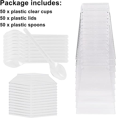 BEGA HOME Dessert Cups - 5oz 50 Cups, 50 Lids and 50 Spoons - Great for Parfaits, Pudding, Yogurt, & Mini Treats - Small Clear Plastic Cups, Yogurt Parfait Cups with Lids & Spoons