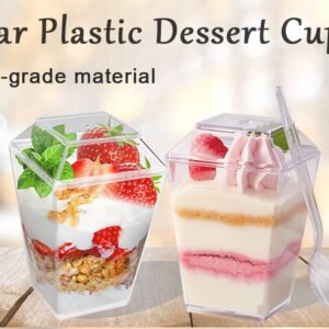 BEGA HOME Dessert Cups - 5oz 50 Cups, 50 Lids and 50 Spoons - Great for Parfaits, Pudding, Yogurt, & Mini Treats - Small Clear Plastic Cups, Yogurt Parfait Cups with Lids & Spoons