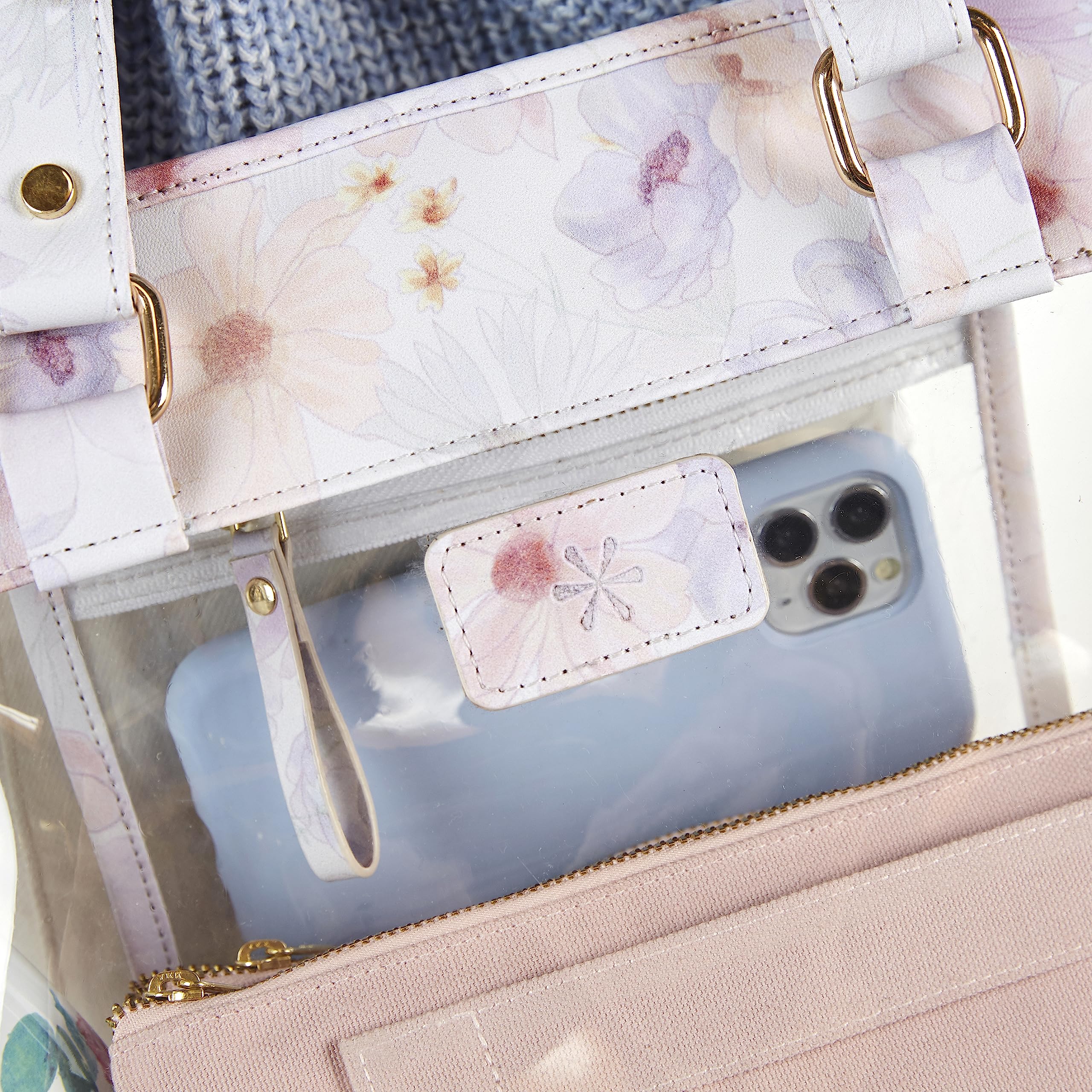 Erin Condren Large Clear Plastic Tote with Wildflower, with Gold Hardware One Inside Pocket - Designer Style Organization - 15" X 12.5" with 5" Gusset, 9” Handle Drop & Printed Trim