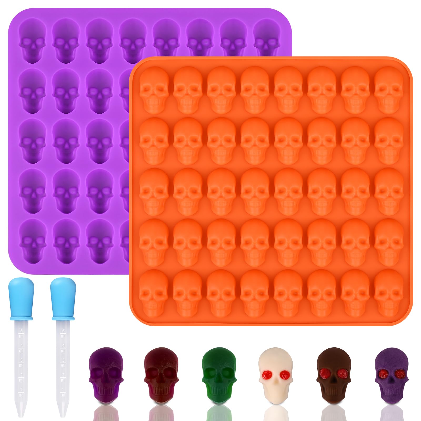 HUAKENER Gummy Skull Molds, 2 Pack Skull Candy Molds with 2 Droppers, Skull Silicone Molds for Chocolate, Candy, Jelly, Dog Treats, Ice Cube, Resin Casting