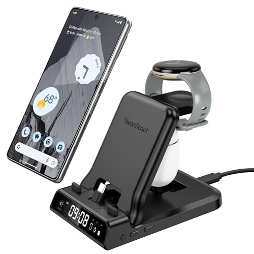 SwanScout 3 in 1 Charging Station for Google Pixel Watch 1, SwanScout 701G, 25W Fast Type-C Wired Charger Stand for Google Pixel 8 Pro/8a/8/Fold/7a/7/7 Pro/6/6 Pro/6a/5/5a/4a, Pixel Buds Pro/A-Series