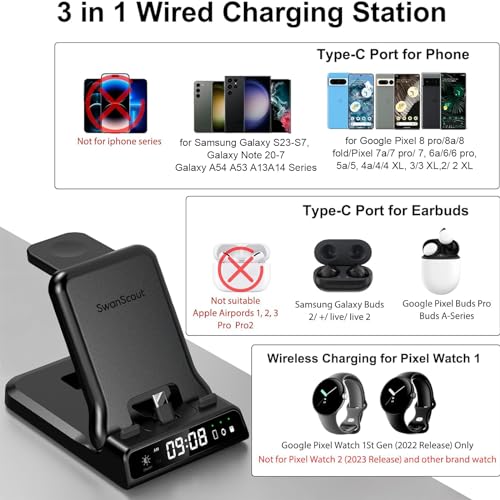 SwanScout 3 in 1 Charging Station for Google Pixel Watch 1, SwanScout 701G, 25W Fast Type-C Wired Charger Stand for Google Pixel 8 Pro/8a/8/Fold/7a/7/7 Pro/6/6 Pro/6a/5/5a/4a, Pixel Buds Pro/A-Series