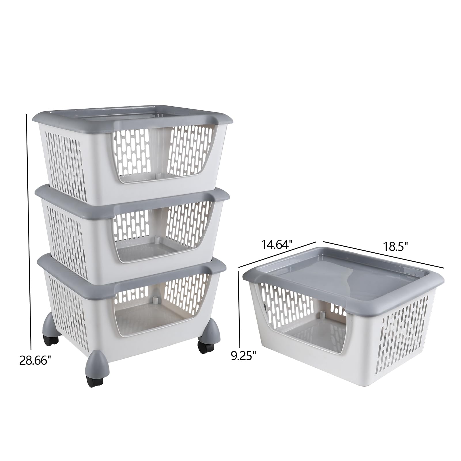 Neadas 3 Tier Stackable Storage Baskets with Wheels, Rolling Stackable Basket, Gray