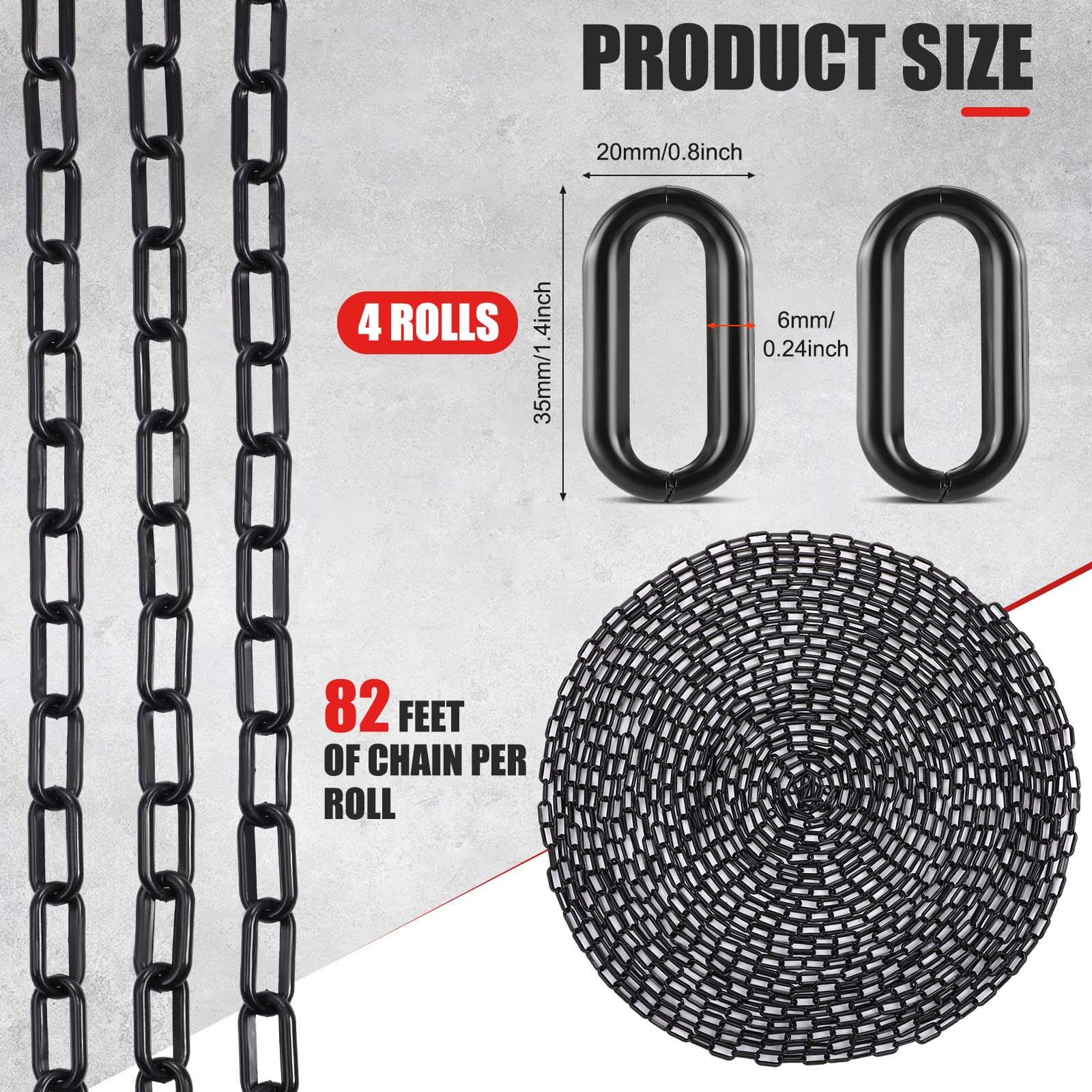 Sasylvia 328 Feet Safety Chain Barrier 4 Roll Black Plastic Chain Links Plastic Chain Fence, UV Protected, Weatherproof Safety Link for Crowd Control Parking Queue Line Halloween Decoration