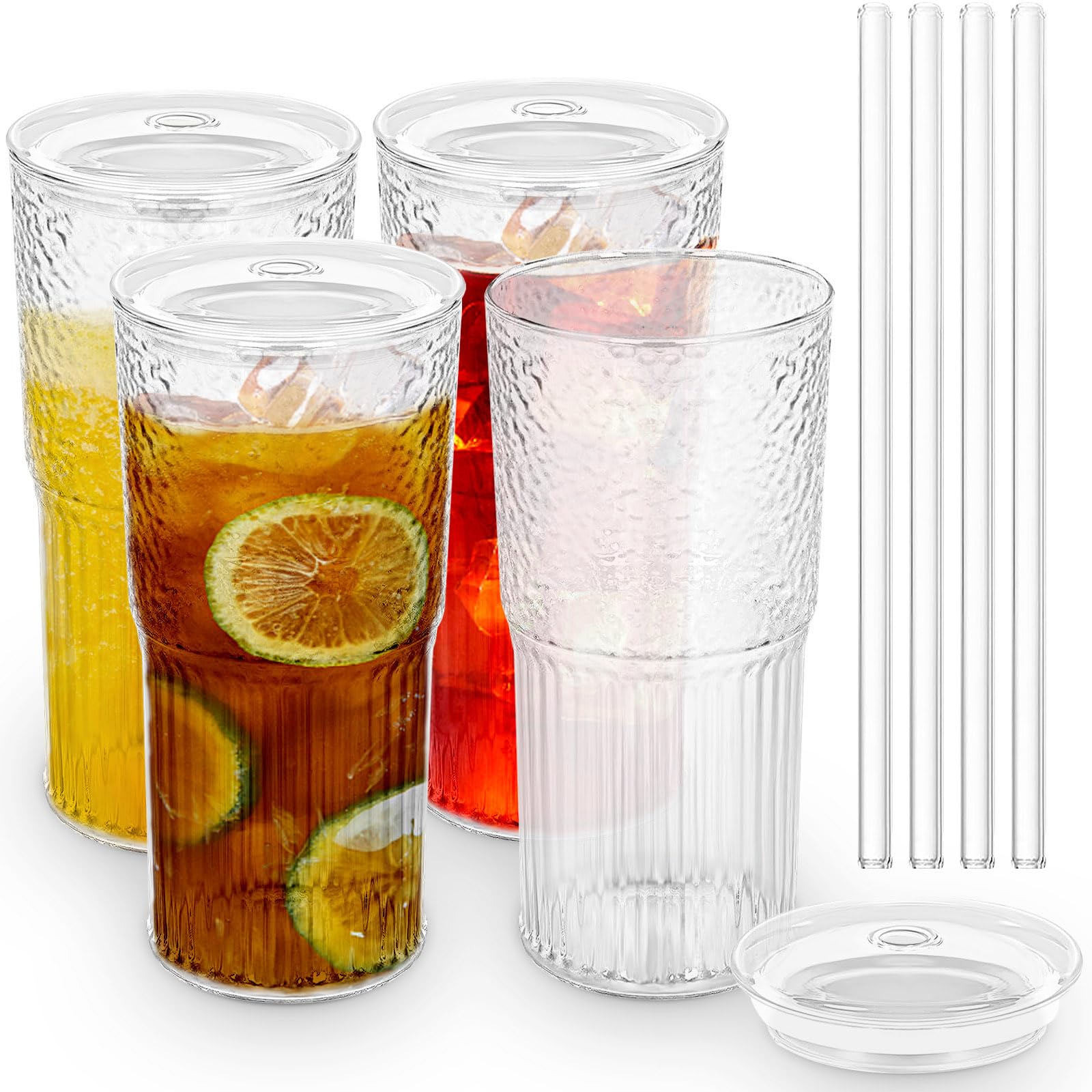 4Pack Glass Cups With Lids and Glass Straws, 20 OZ High Borosilicate Tumbler Glass Iced Coffee, Wide Mouth Smoothies, Bubble Tea, Juice, Milk, Cocktails Jars, Travel Mugs