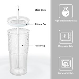 4Pack Glass Cups With Lids and Glass Straws, 20 OZ High Borosilicate Tumbler Glass Iced Coffee, Wide Mouth Smoothies, Bubble Tea, Juice, Milk, Cocktails Jars, Travel Mugs