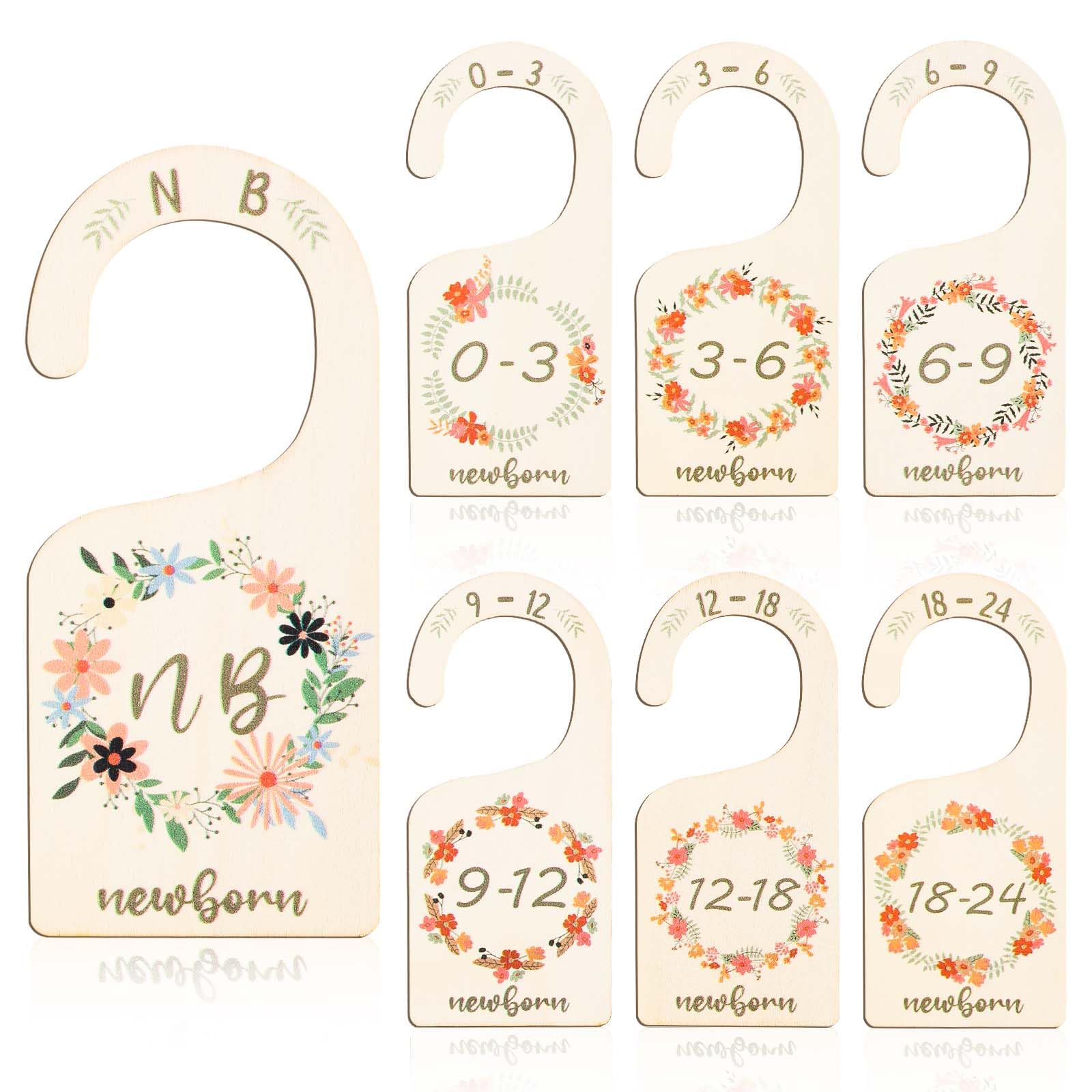 7pcs Baby Clothes Dividers for Closet, Beautiful Month Wooden Baby Closet Dividers Organizers from Newborn to 24 Months Nursery Closet Divider Hangers with Wreath Decoration for Infant Wardrobe