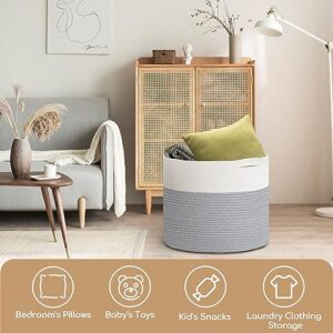 Comfymon Extra Large Cotton Rope Basket 24" x 24" x 17.3" Blanket Basket for Living Room, Woven Baby Laundry Hamper with Handles, Toy Storage Bin, XXXLarge Baskets for Storage, Grey