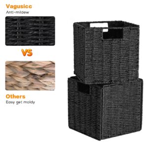 Vagusicc Wicker Baskets for Storage, Set of 4 Hand-Woven Storage Baskets for Shelves, Foldable Cube Storage Baskets Bins with Handles, Small Wicker Baskets for Organizing Pantry Bedroom, Black