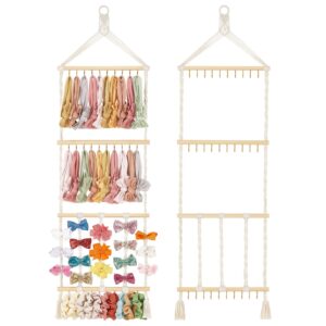 mkono headband holder hair bow organizer scrunchie holder for girls, macrame bows hanger accessories storage display with 30 hooks wall door boho nursery bathroom bedroom decor for toddler baby