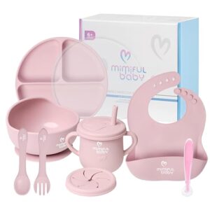 mimiful baby led weaning supplies - 6+ month silicone baby feeding set, first stage bwl utensils dinnerware,toddler plate bowls set, spoon, fork, lid, suction bowl & cup, platos para bebes (softpink)