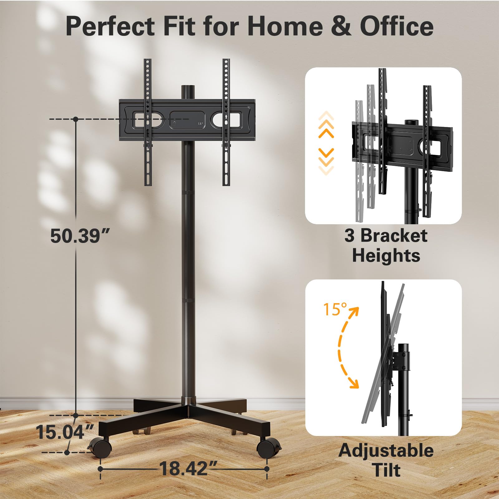 Perlegear Rolling TV Stand for 23-60 Inch LCD LED OLED 4K Smart TVs Holds up to 88lbs, Mobile TV Stand with Height Adjustable, Tilting TV Cart with Locking Wheels Max VESA 400x400mm, PGTVMC16