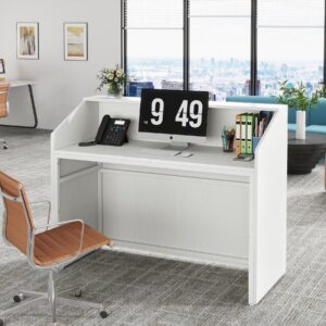 Tribesigns Reception Desk with Counter, Modern Front Desk Reception Room Table with Cable Grommet, 47 inch Retail Counter for Checkout, Lobby, Beauty Salon, Home Office Desk, White