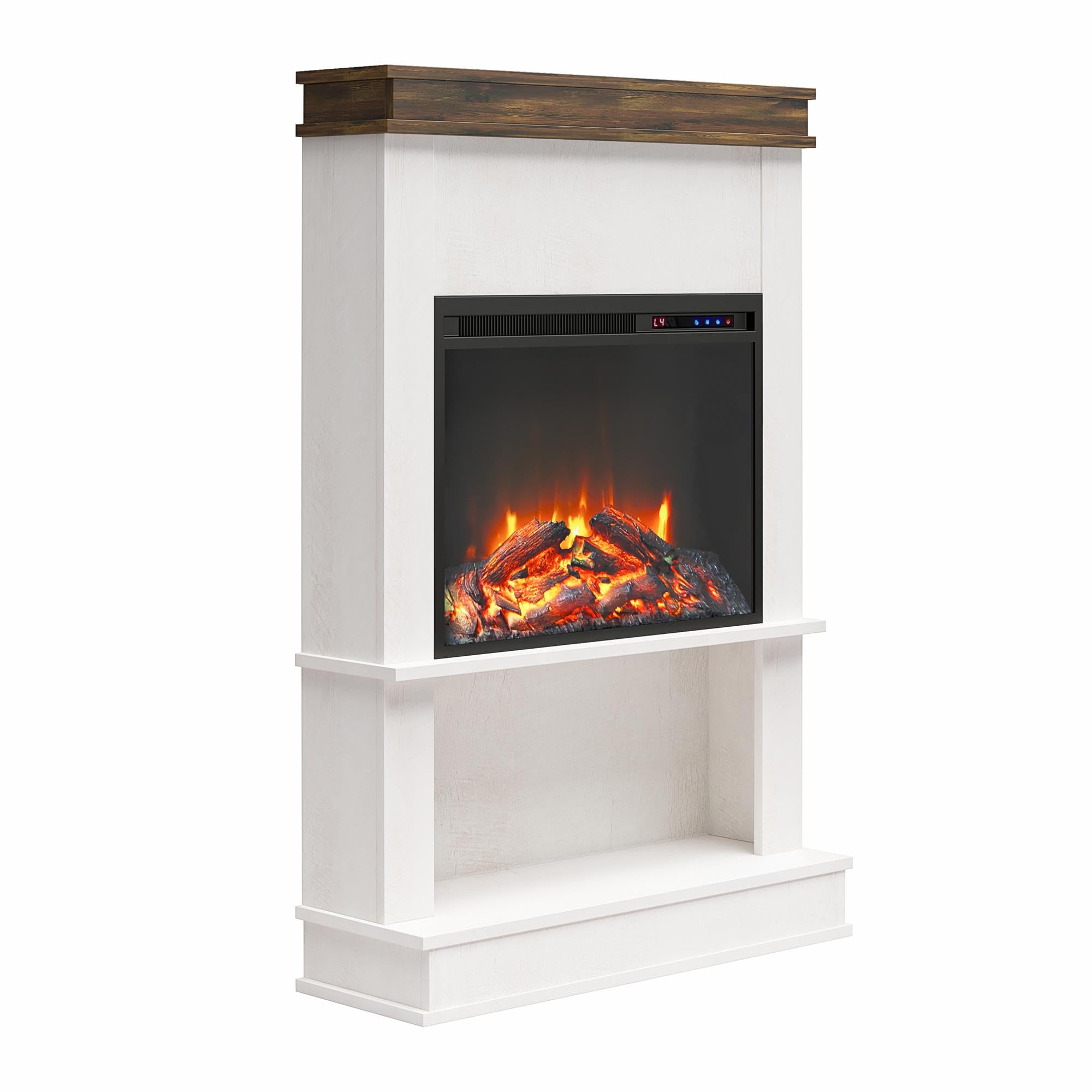 Ameriwood Home Mateo Electric Fireplace with Mantel & Open Shelf, Ivory Oak