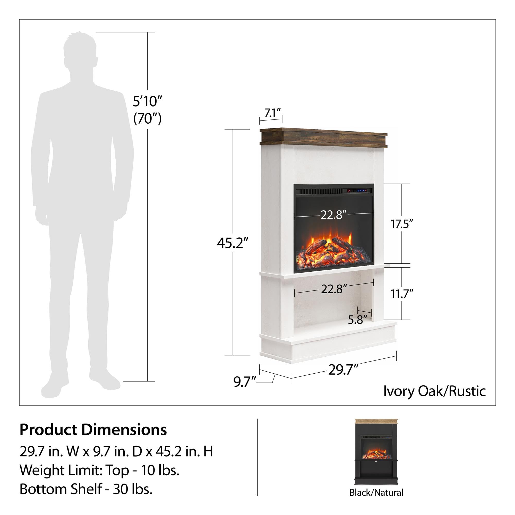 Ameriwood Home Mateo Electric Fireplace with Mantel & Open Shelf, Ivory Oak