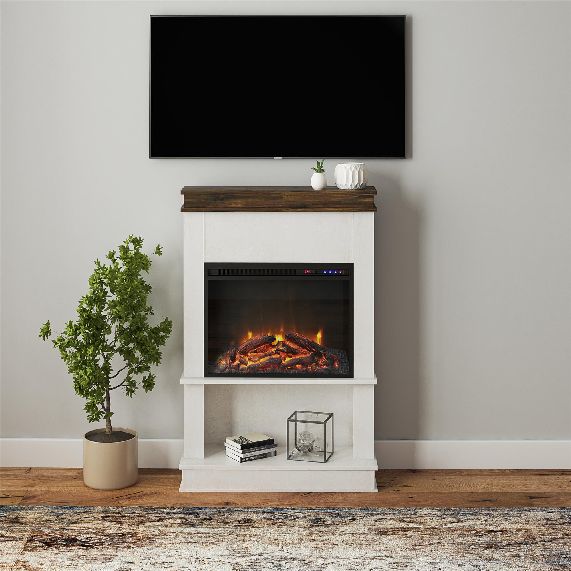 Ameriwood Home Mateo Electric Fireplace with Mantel & Open Shelf, Ivory Oak