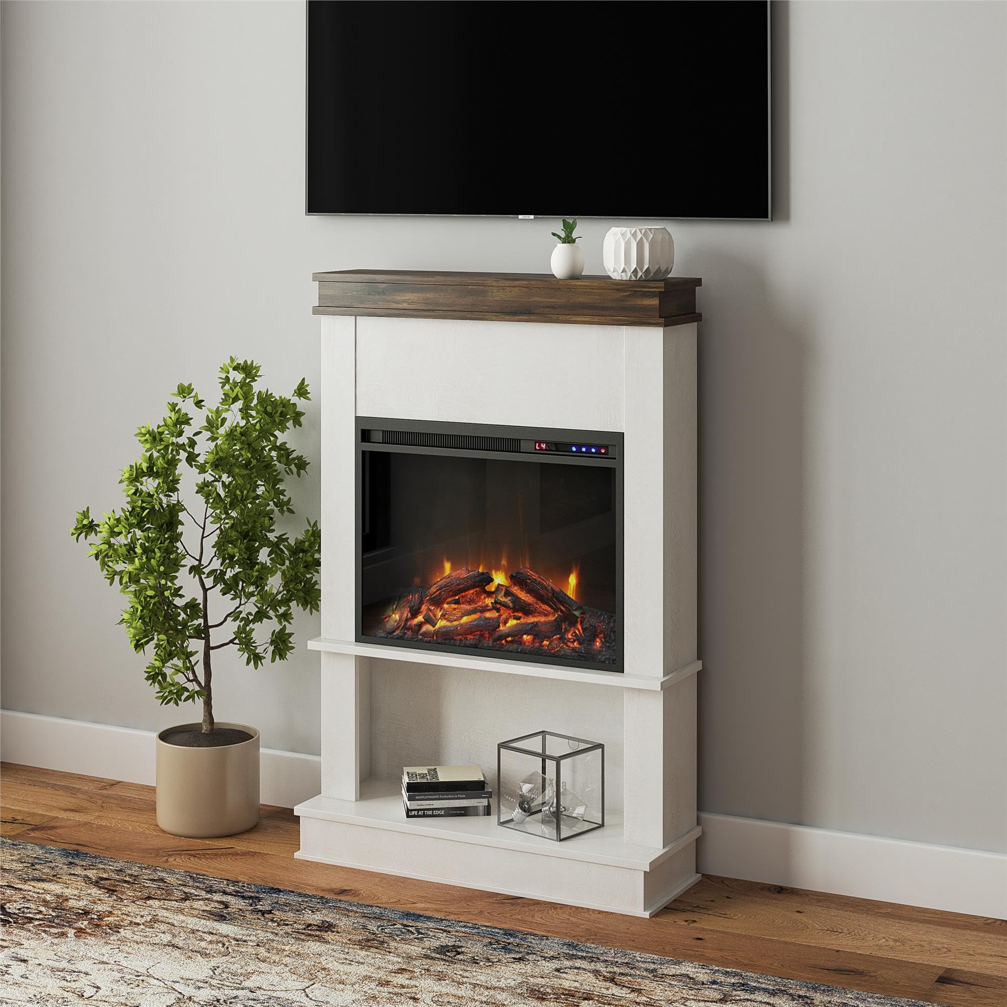 Ameriwood Home Mateo Electric Fireplace with Mantel & Open Shelf, Ivory Oak