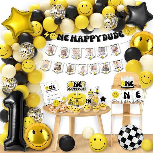 One Happy Dude Birthday Decorations - happy Face 1st Party Supplies, One Cool Dude 1st Birthday Balloons Arch Party Decor First Birthday Party Idea for Baby Boys and Girls