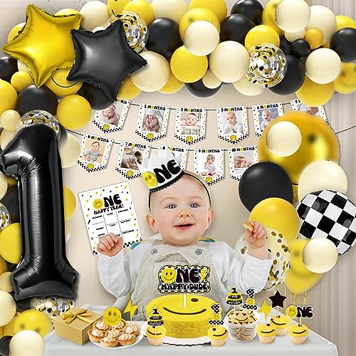 One Happy Dude Birthday Decorations - happy Face 1st Party Supplies, One Cool Dude 1st Birthday Balloons Arch Party Decor First Birthday Party Idea for Baby Boys and Girls