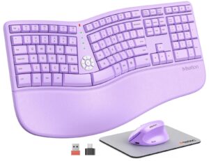 meetion ergonomic wireless keyboard and mouse, ergo keyboard with vertical mouse, split keyboard cushioned wrist palm rest natural typing rechargeable full size, windows/mac/computer/laptop,purple