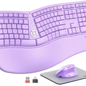 MEETION Ergonomic Wireless Keyboard and Mouse, Ergo Keyboard with Vertical Mouse, Split Keyboard Cushioned Wrist Palm Rest Natural Typing Rechargeable Full Size, Windows/Mac/Computer/Laptop,Purple