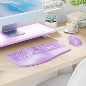 MEETION Ergonomic Wireless Keyboard and Mouse, Ergo Keyboard with Vertical Mouse, Split Keyboard Cushioned Wrist Palm Rest Natural Typing Rechargeable Full Size, Windows/Mac/Computer/Laptop,Purple