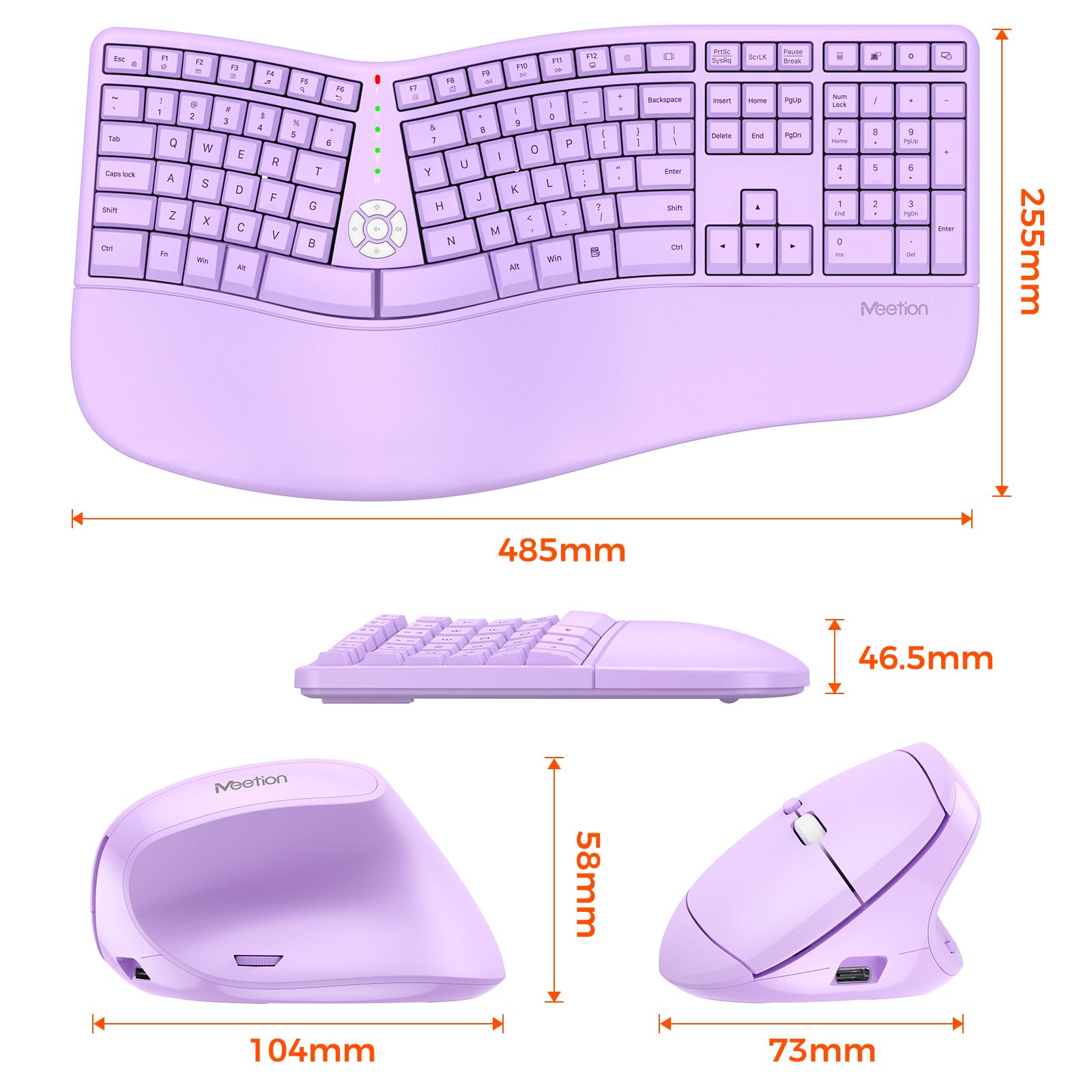 MEETION Ergonomic Wireless Keyboard and Mouse, Ergo Keyboard with Vertical Mouse, Split Keyboard Cushioned Wrist Palm Rest Natural Typing Rechargeable Full Size, Windows/Mac/Computer/Laptop,Purple