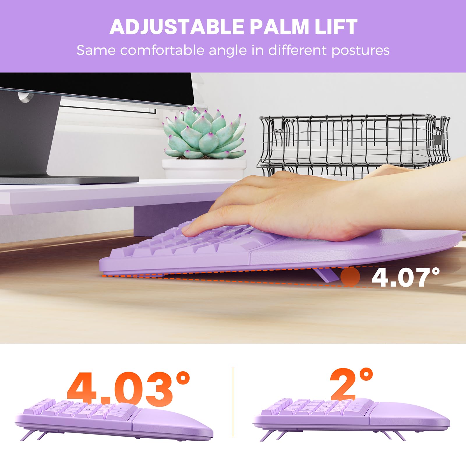 MEETION Ergonomic Wireless Keyboard and Mouse, Ergo Keyboard with Vertical Mouse, Split Keyboard Cushioned Wrist Palm Rest Natural Typing Rechargeable Full Size, Windows/Mac/Computer/Laptop,Purple