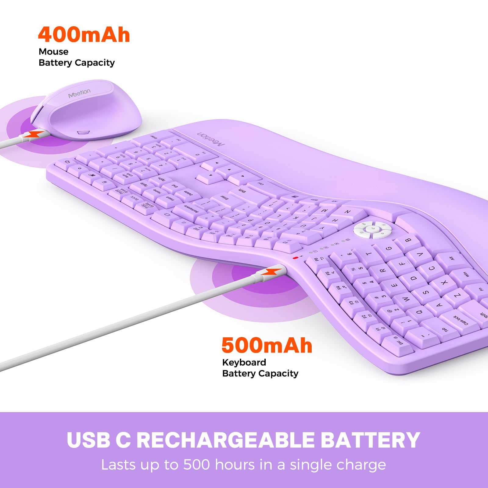 MEETION Ergonomic Wireless Keyboard and Mouse, Ergo Keyboard with Vertical Mouse, Split Keyboard Cushioned Wrist Palm Rest Natural Typing Rechargeable Full Size, Windows/Mac/Computer/Laptop,Purple